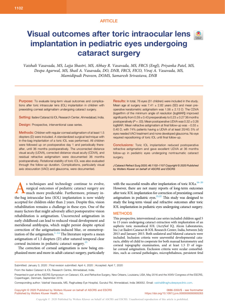 Visual Outcomes After Toric Intraocular Lens.6 | PDF | Facial Features | Ophthalmology