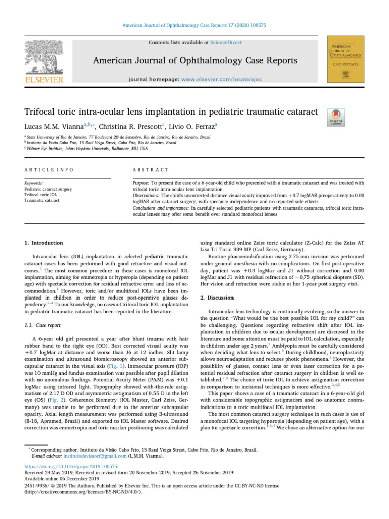 Trifocal Toric Intra-Ocular Lens Implantation in Pediatric Traumatic ...