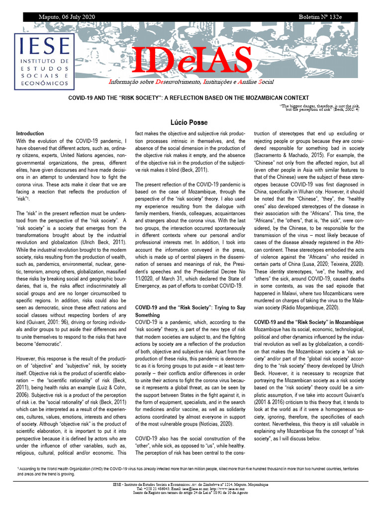 Covid-19 and The "Risk Society" A Reflection Based On The Mozambican ...