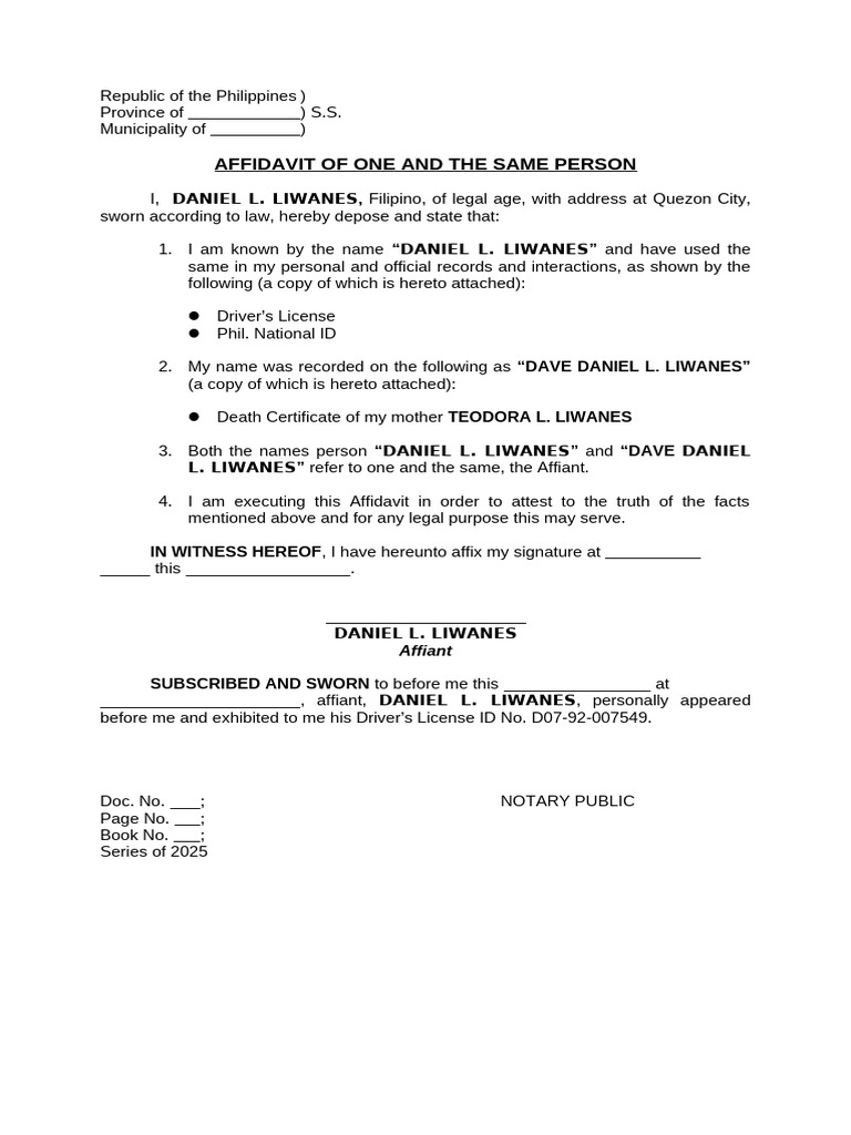 Affidavit of Same Person-Daniel L. | PDF