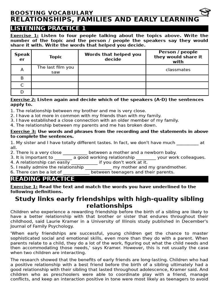 Vocabulary Boost: Relationships & Families | PDF | Sibling | Adolescence