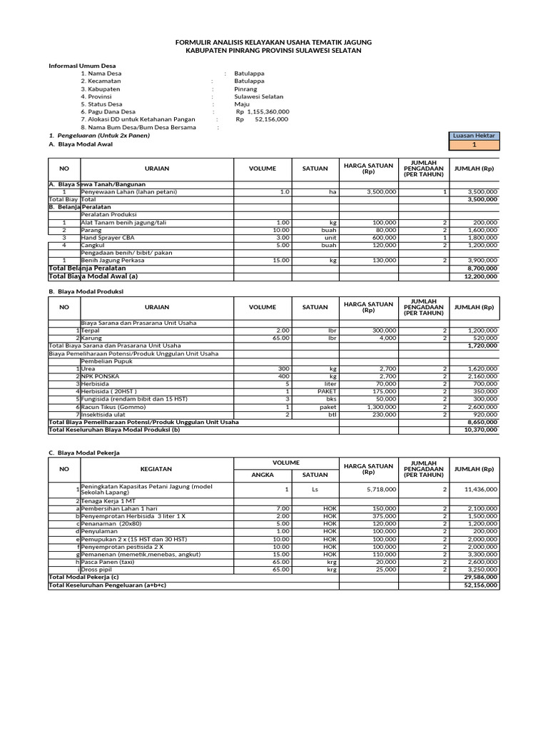 Analisa, RAB Jagung Sewa Lahan | PDF