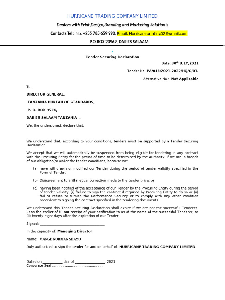 Tender Securing Declaration for Bid | PDF