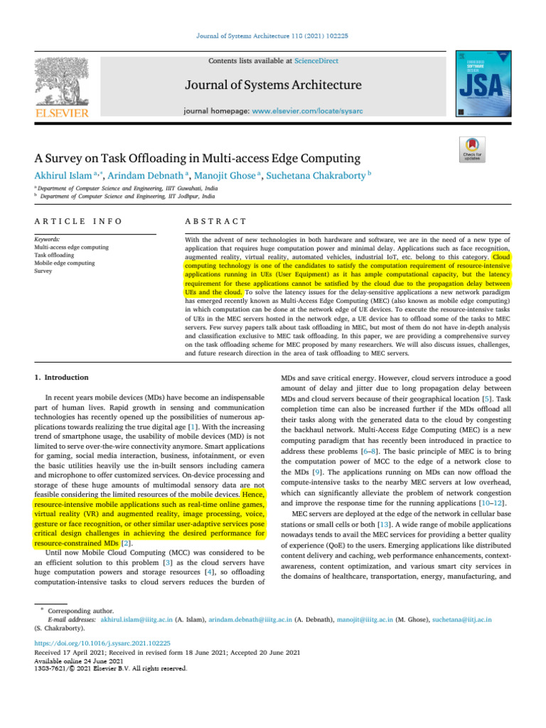 A Survey On Task Offloading In Multi Access Edge Computing Pdf Computer Program Programming