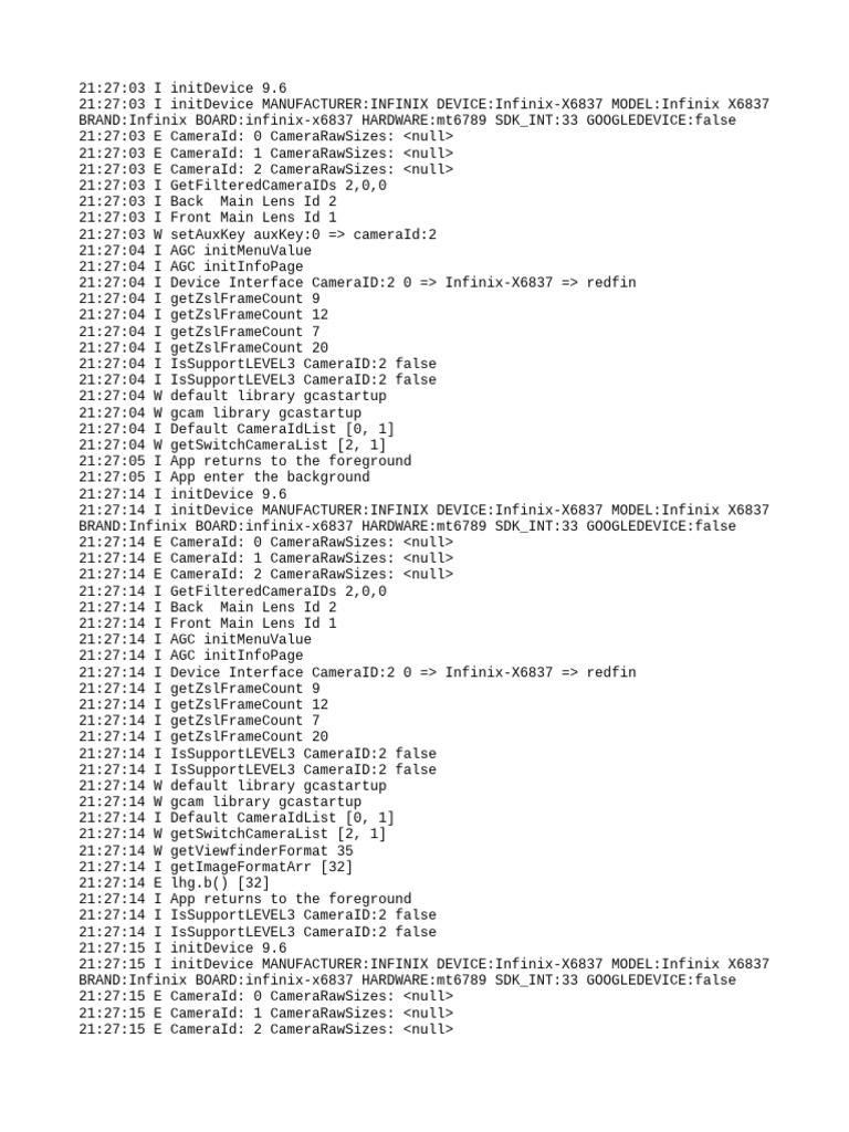 Infinix X6837 Camera Initialization Logs | PDF | Computer Architecture | Smart Devices