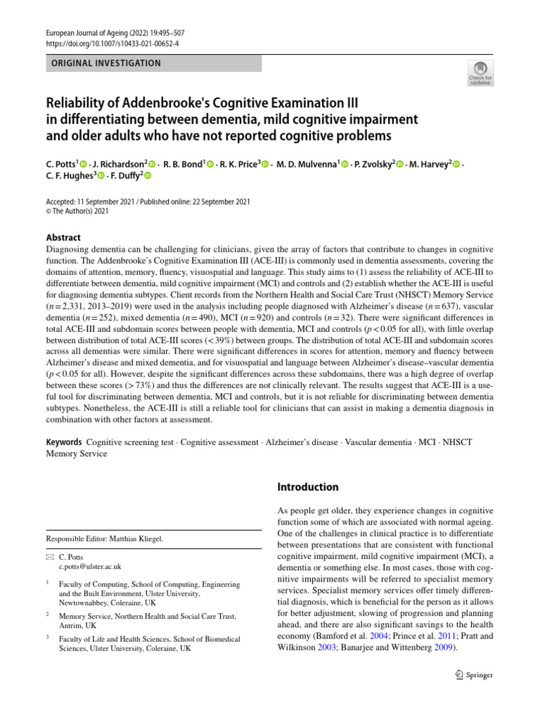 Reliability of Addenbrooke's Cognitive Examination | PDF | Dementia ...