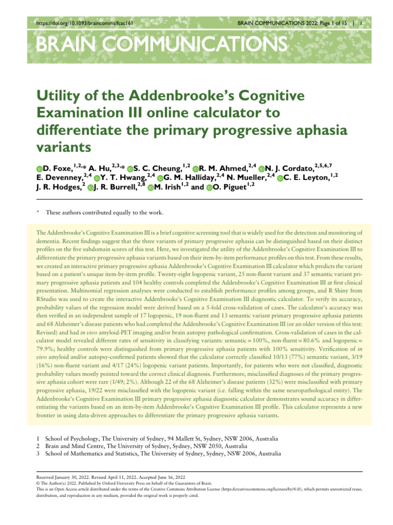 Utility of The Addenbrooke's Cognitive Examination III Online ...