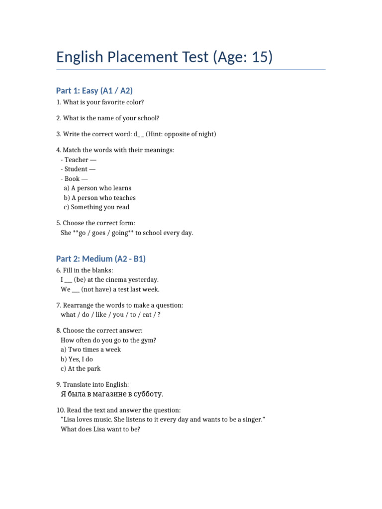 English Placement Test for Ages 15+ | PDF