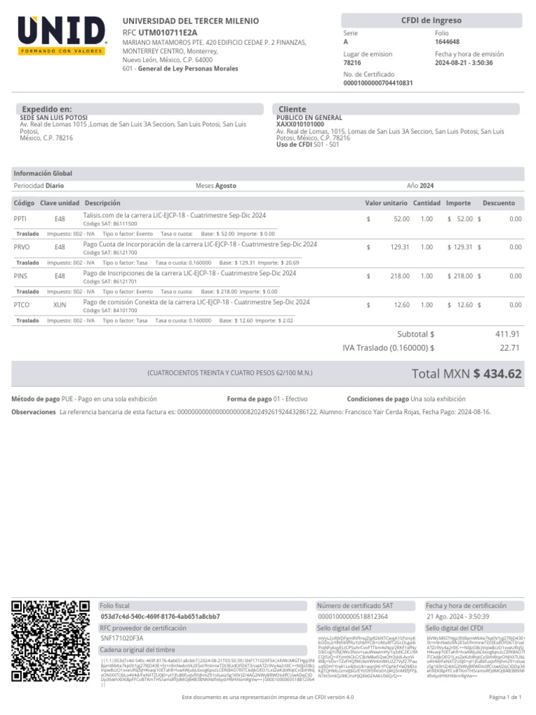 CFDI Inscripción LIC-EJCP-18 2024 | PDF | Pagos