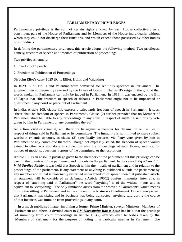 Parliamentary Priviledges | PDF | Constitutional Law | Governance