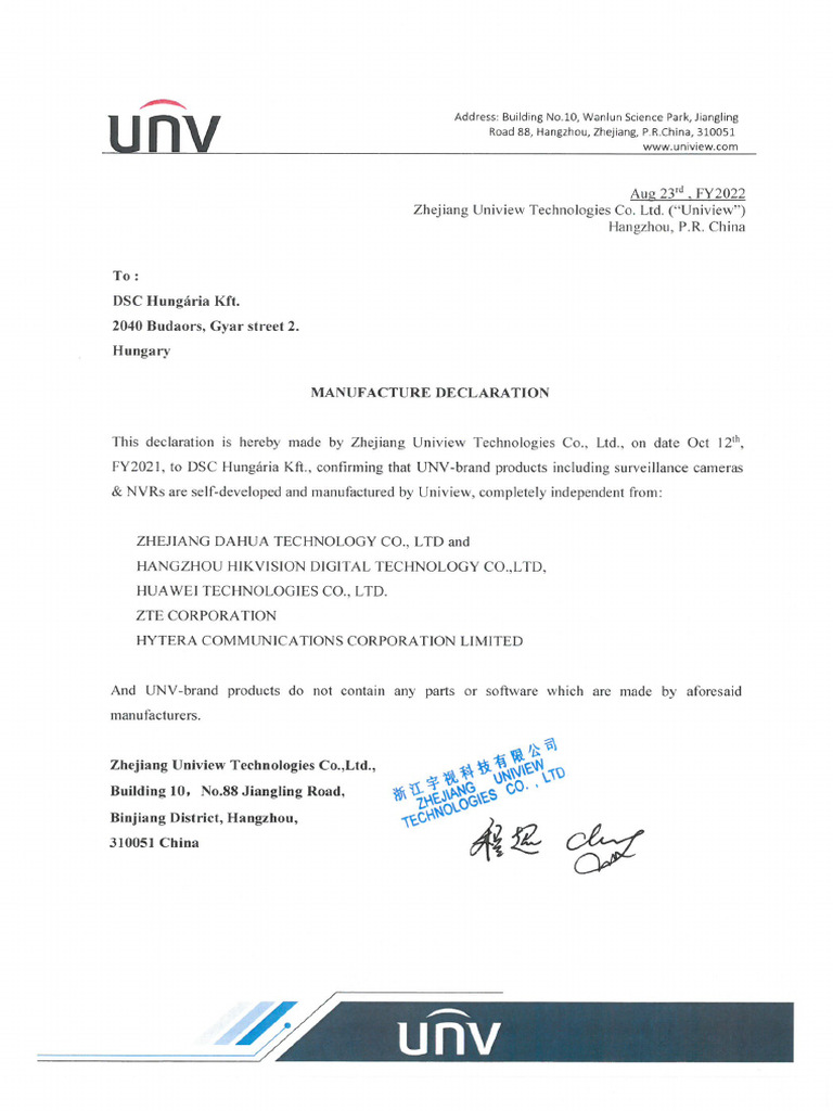Manufacture Declaration 20220823 Signed & Stamped | PDF