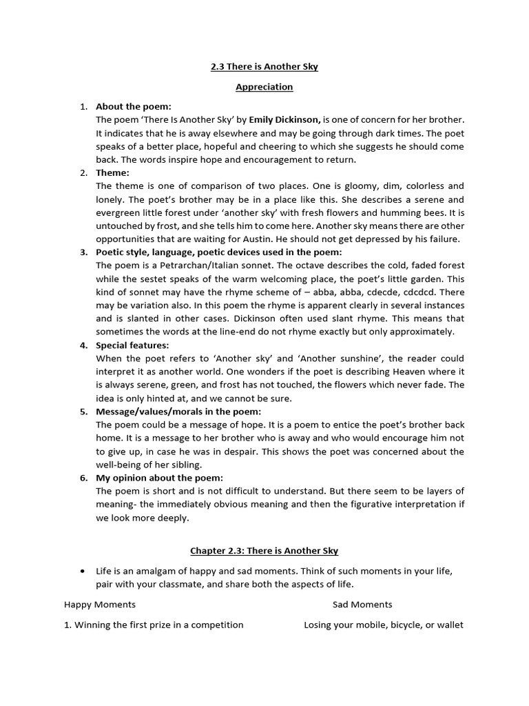 Emily Dickinson's "There Is Another Sky" Analysis | PDF | Poetry | Sonnets