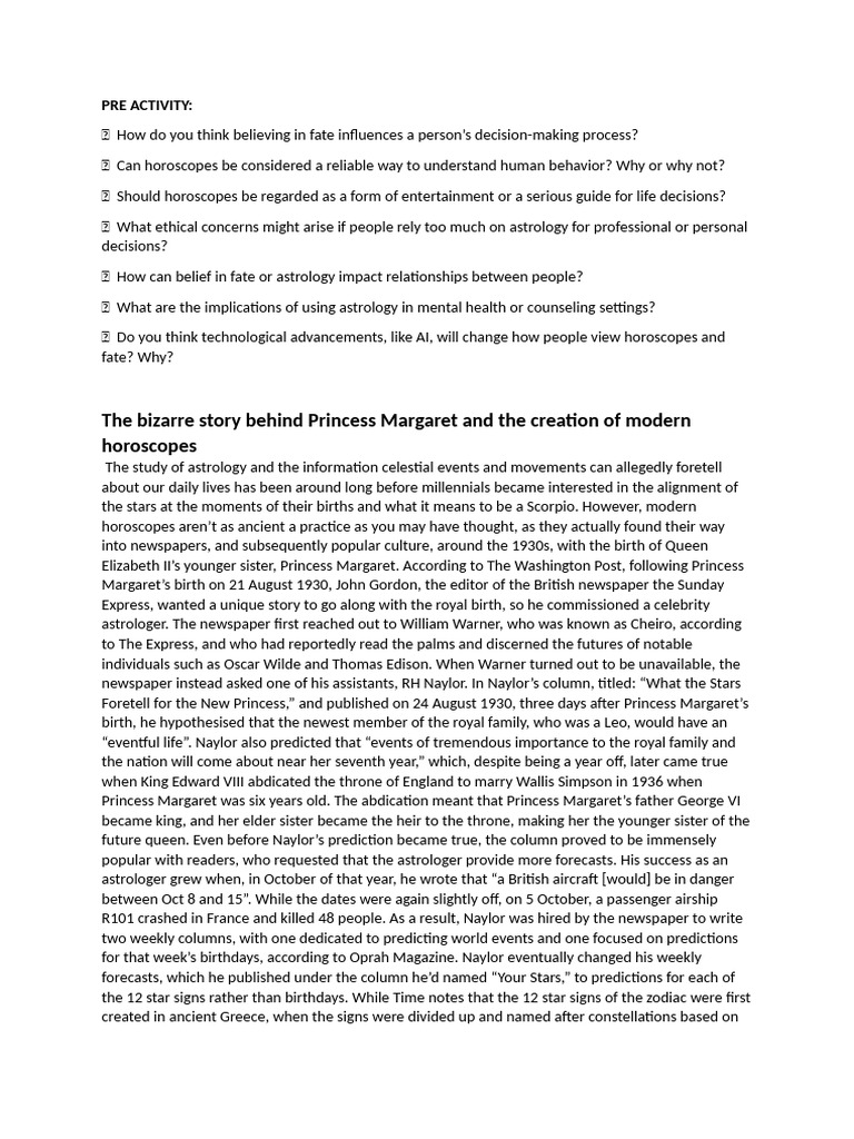 Pre While Post TOEFL IBT Reading Horoscope | PDF | Horoscope | Astrology