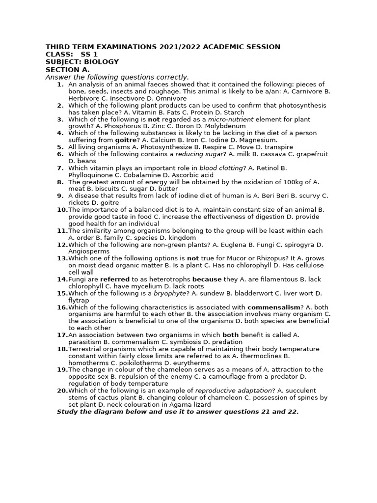 SS1 Biology Third Term Exam 2021/2022 | PDF | Agriculture | Soil