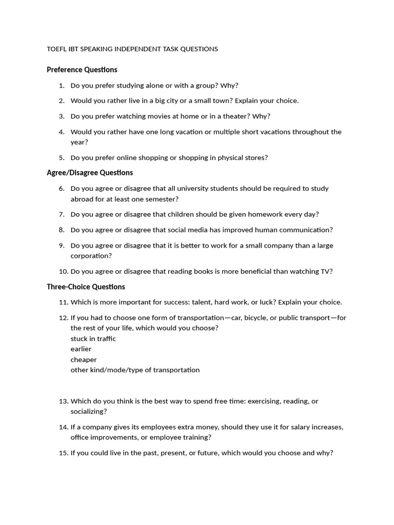 Toefl Ibt Speaking Independent Task Questions | PDF | Learning | Cognition