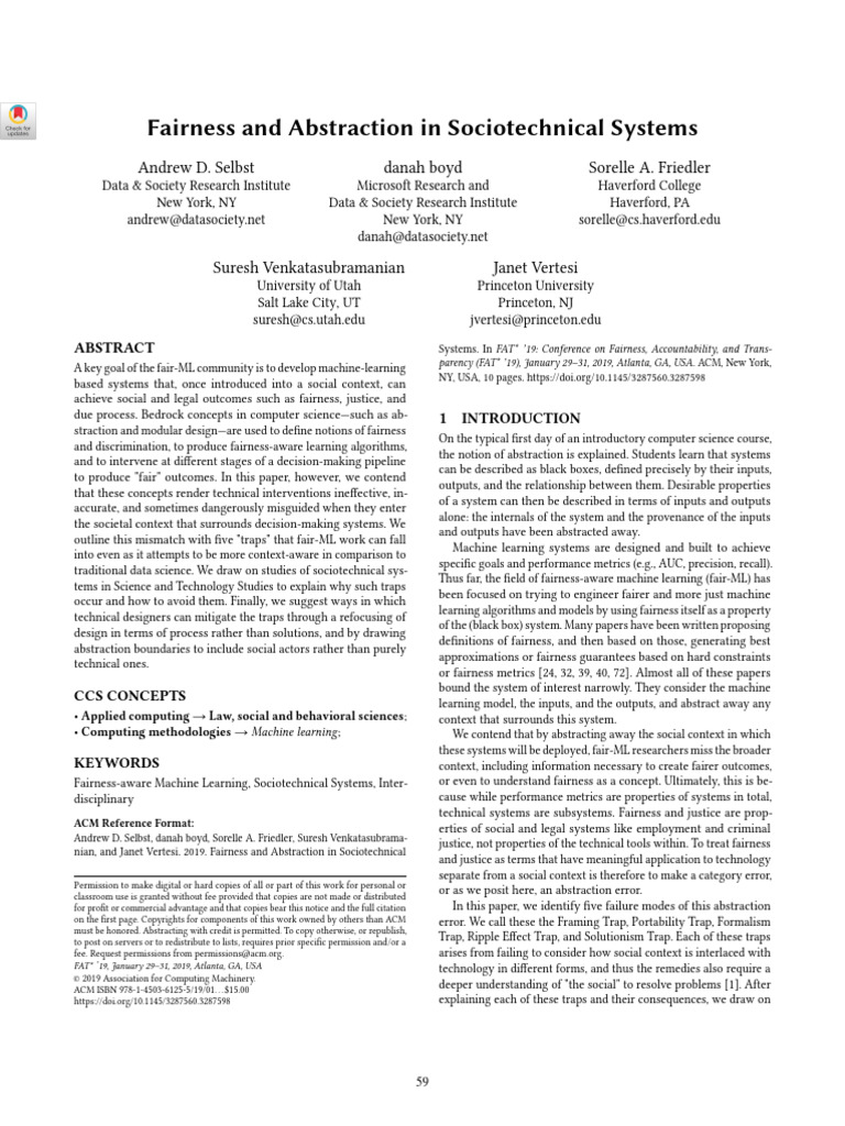 Fairness and Abstraction in Sociotechnical Systems | PDF | Machine Learning | System