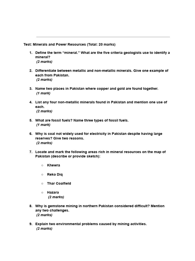 Test of Minerals and Power Resources. | PDF