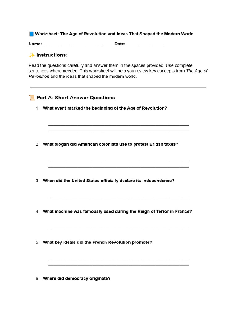 ? Worksheet - The Age of Revolution and Ideas That Shaped The Modern ...