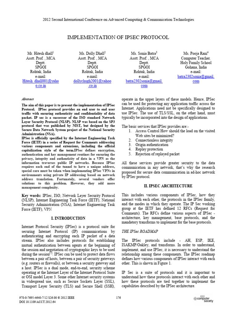 Implementation Of Ipsec Protocol Pdf Computer Network Telecommunications