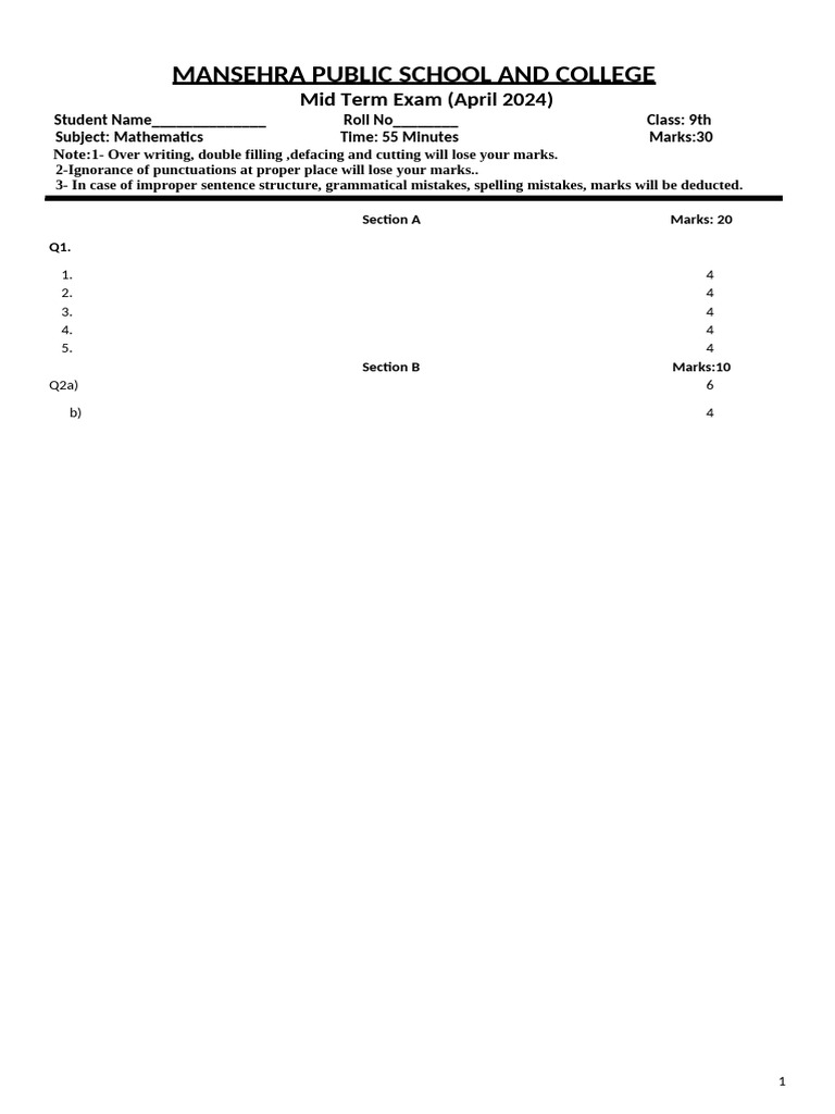 9th Maths MT 2024 | PDF