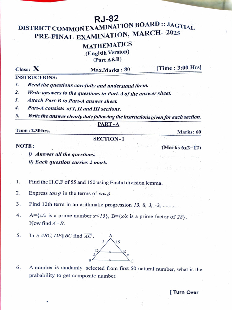 10th Prefnal paper 2025 Jagityal Dist. | PDF | Mathematical Concepts ...