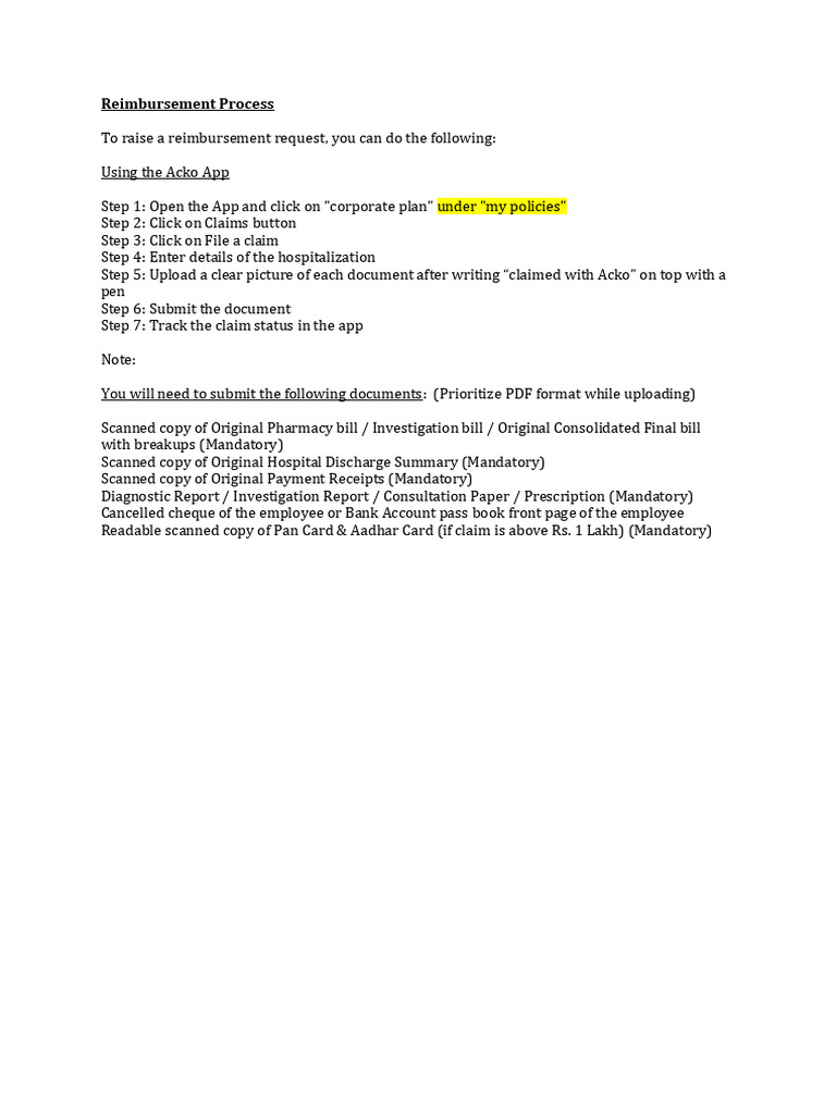 Acko Reimbursement Request Guide | PDF