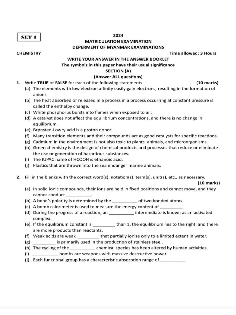 2024 Chemistry Old Questions | PDF