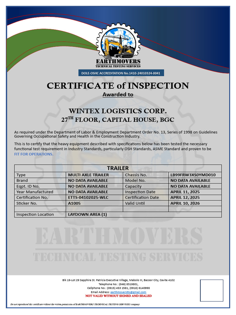 Trailer #A1005 Cert | PDF