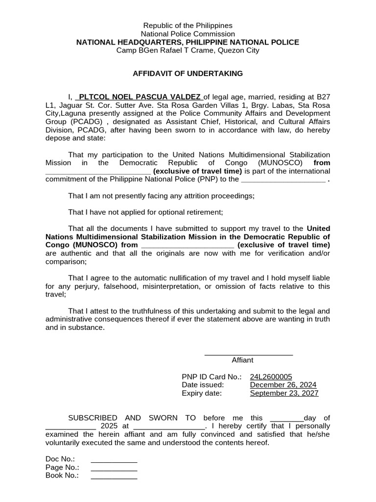 Affidavit of Undertaking for PNP Mission | PDF | Affidavit | Government