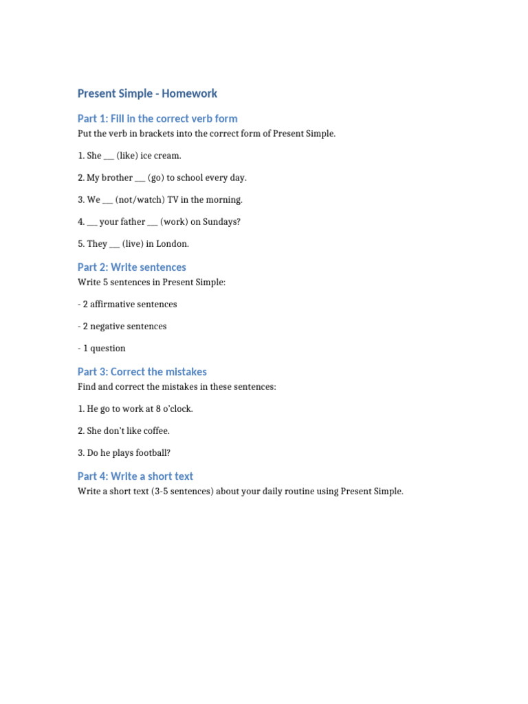Present Simple Homework | PDF