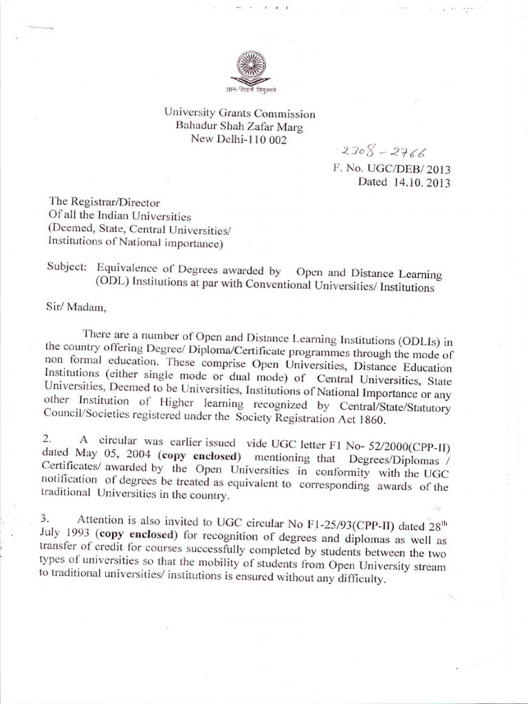 Equivalence of Degrees Awarded by Open and Distance Learning (ODL) | PDF