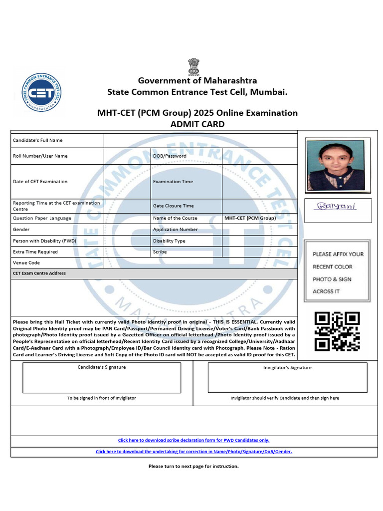 MHT-CET 2025 Admit Card Instructions | PDF | Biometrics | Identity Document