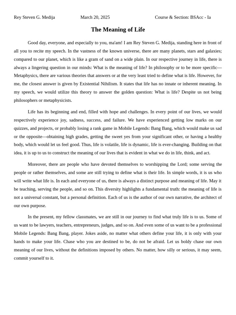 Purcom Speech Meaning of Life v.10 | PDF | Meaning Of Life | Metaphysics