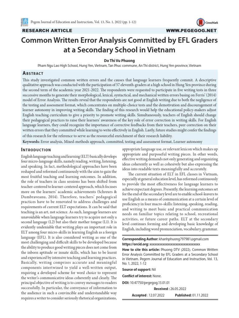 Do - Common Written Error Analysis Committed by EFL Graders at A Secondary School in Vietnam ...