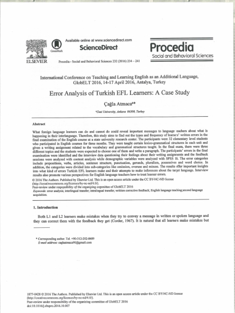 Atmaca - Error Analysis of Turkish Learners A Case Study | PDF