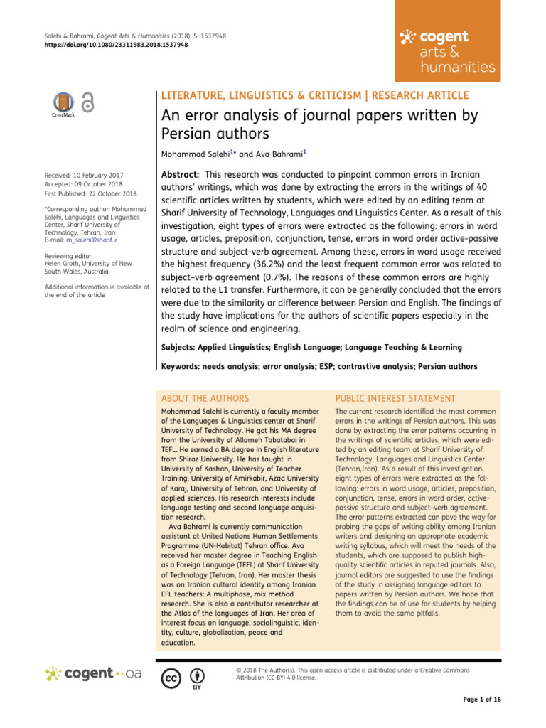 Salehi & Bahrami - An Error Analysis of Journal Papers Written by Persian Authors | PDF ...