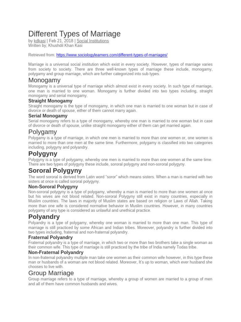 Overview of Marriage Types | PDF | Polygamy | Marriage