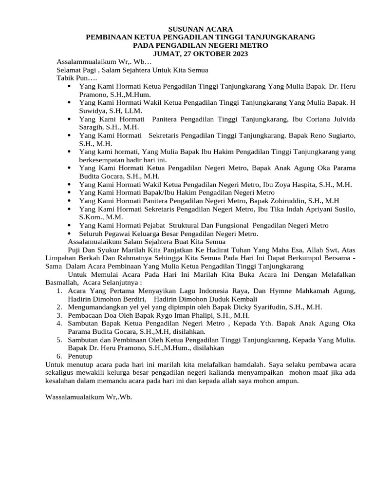 Susunan Acara Pembinaan KPT | PDF