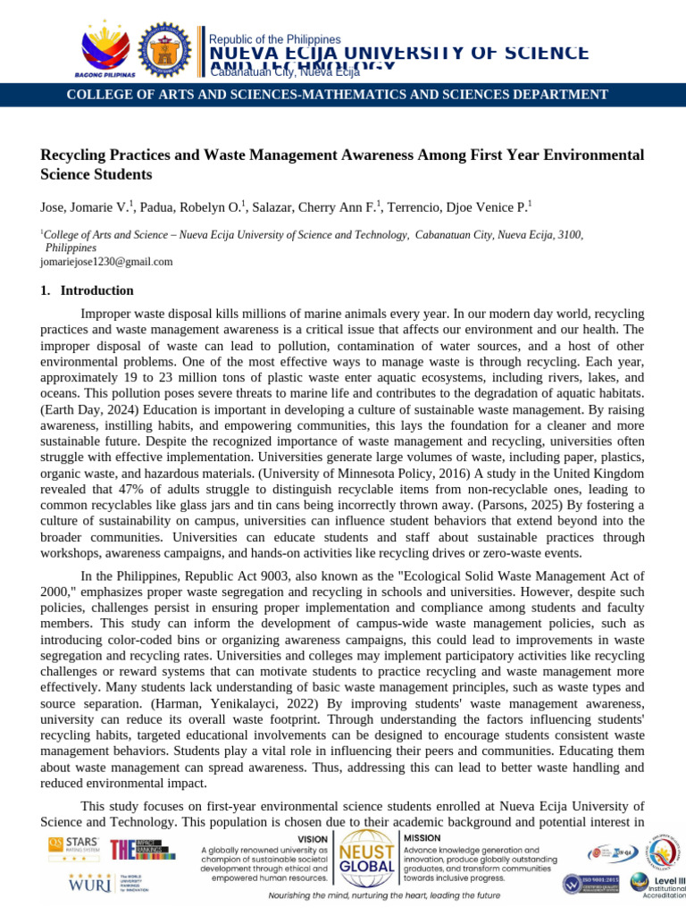 Recycling Awareness in Environmental Science Students | PDF | Waste ...