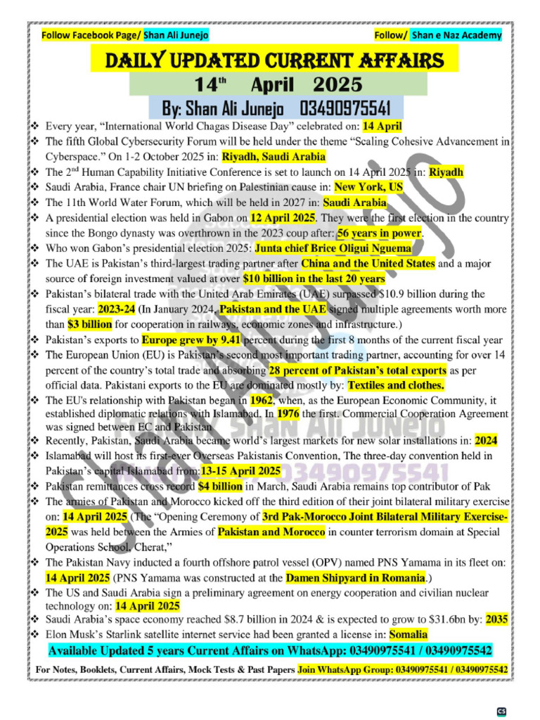 14 April 2025 - Updated Current Affairs by Shan Ali Junejo 03490975541 ...