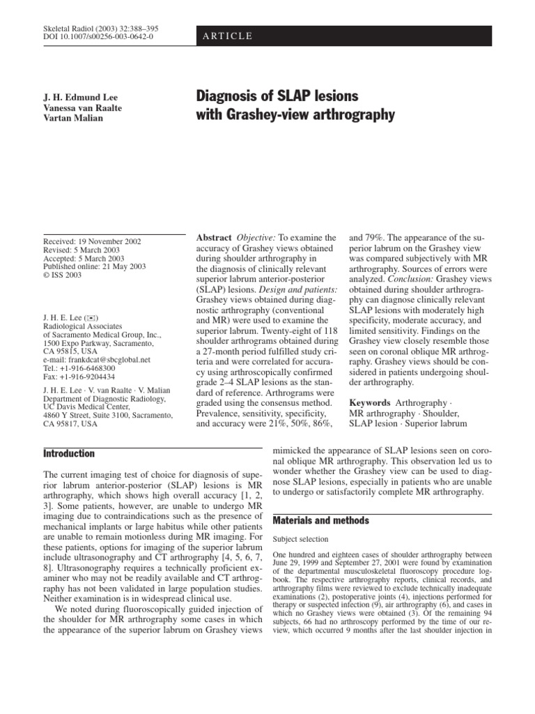Diagnosis of SLAP Lesions With Grashey View (2003) | PDF | Shoulder ...