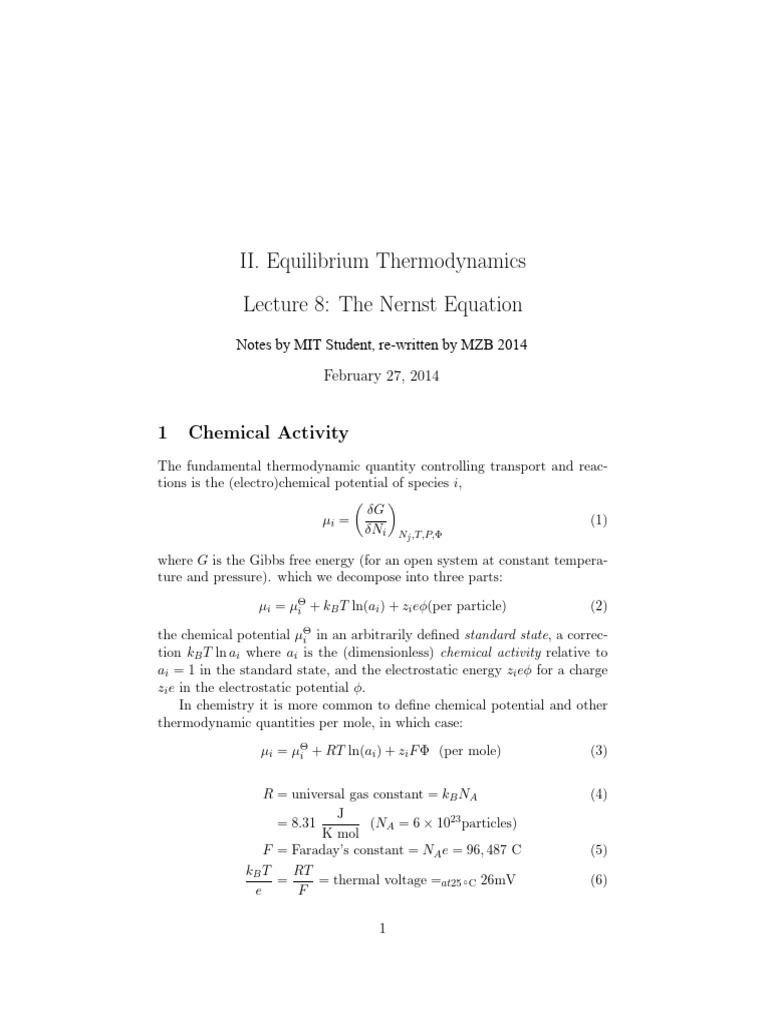 Lecture 8 The Nernst Equation | PDF | Anode | Chemical Equilibrium