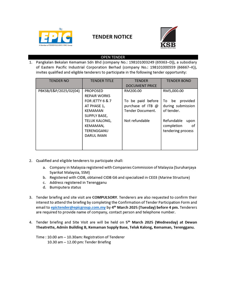 Tender for Jetty Repair Works in Kemaman | PDF