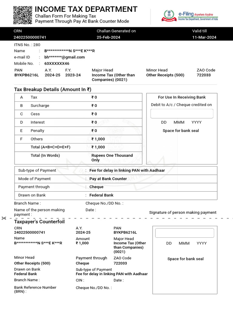 Federal Bank Tax Payment Challan | PDF | Payments | Cheque