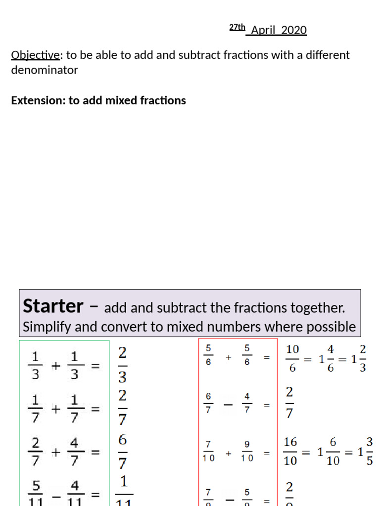 Adding and Subtracting Fractions Year 7 | PDF