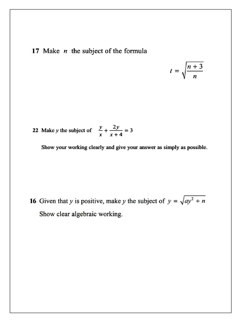 Rearranging A Formula IGCSE Higher Tier Exam Questions 2 | PDF