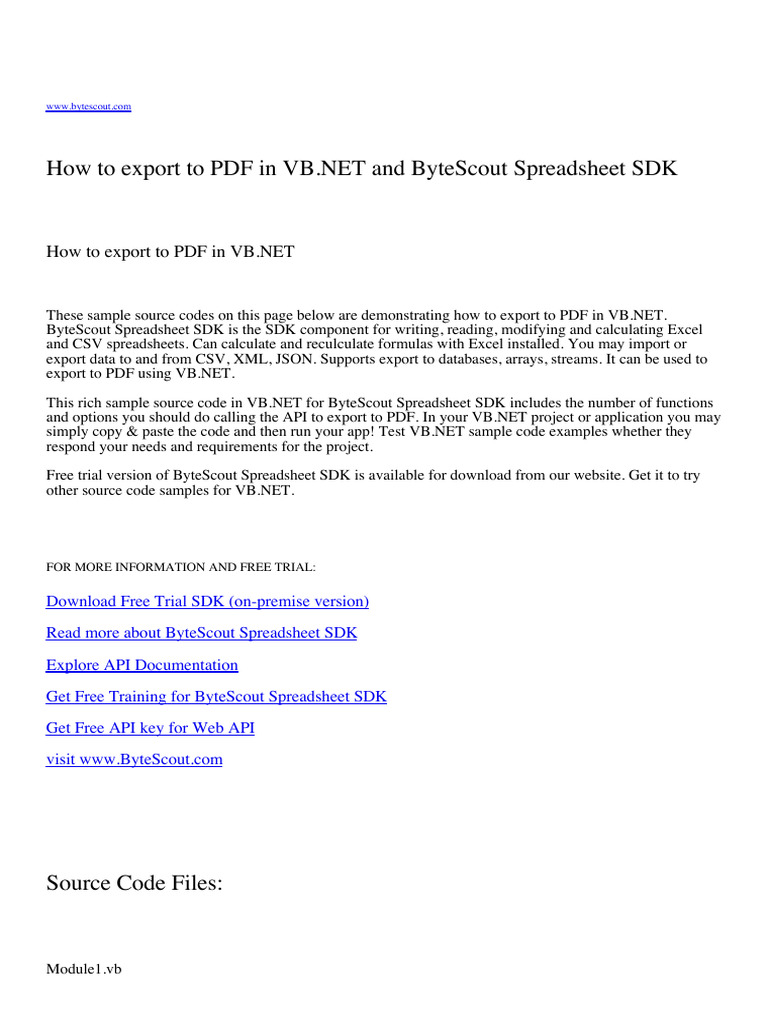 ByteScout Spreadsheet SDK VB NET Export To PDF | PDF | Spreadsheet ...