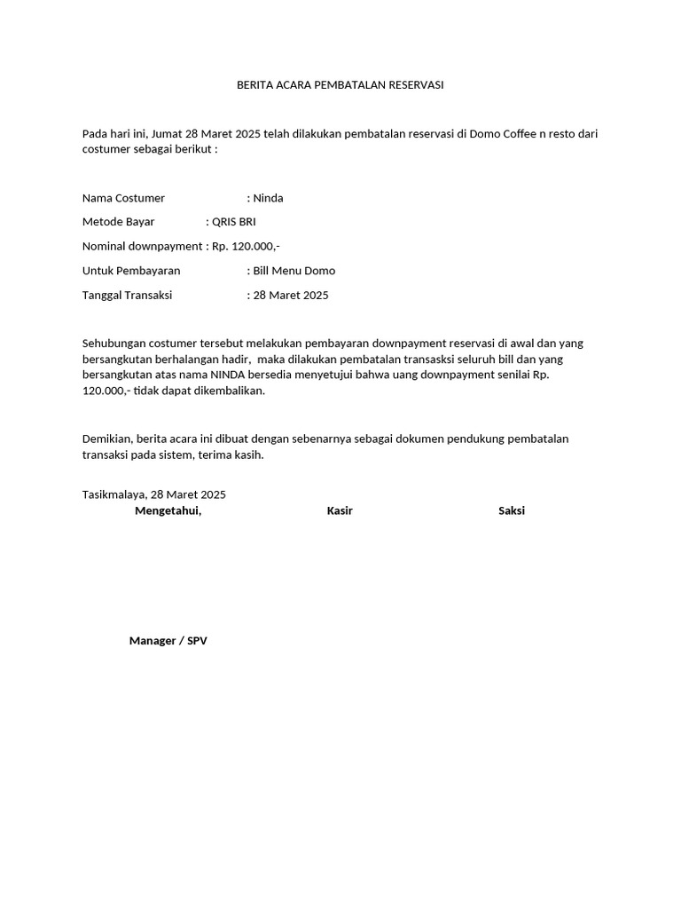 Berita Acara Pembatalan Reservasi | PDF