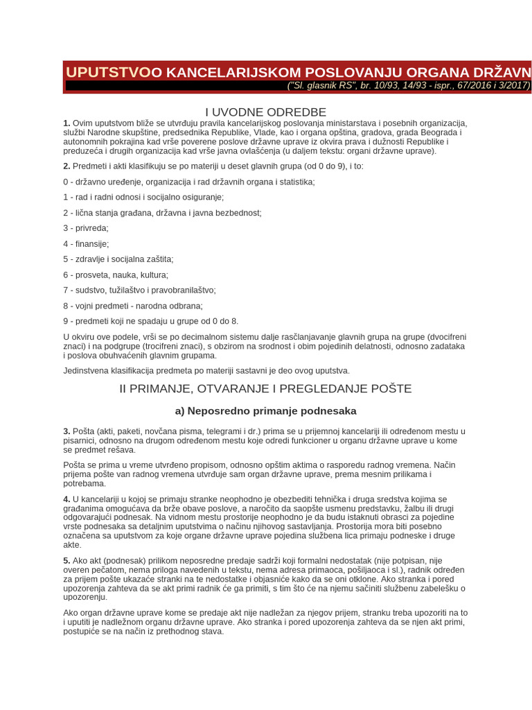 Uputstvoo Kancelarijskom Poslovanju Organa Državne Uprave | PDF