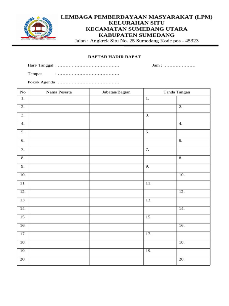 daftar hadir rapat | PDF